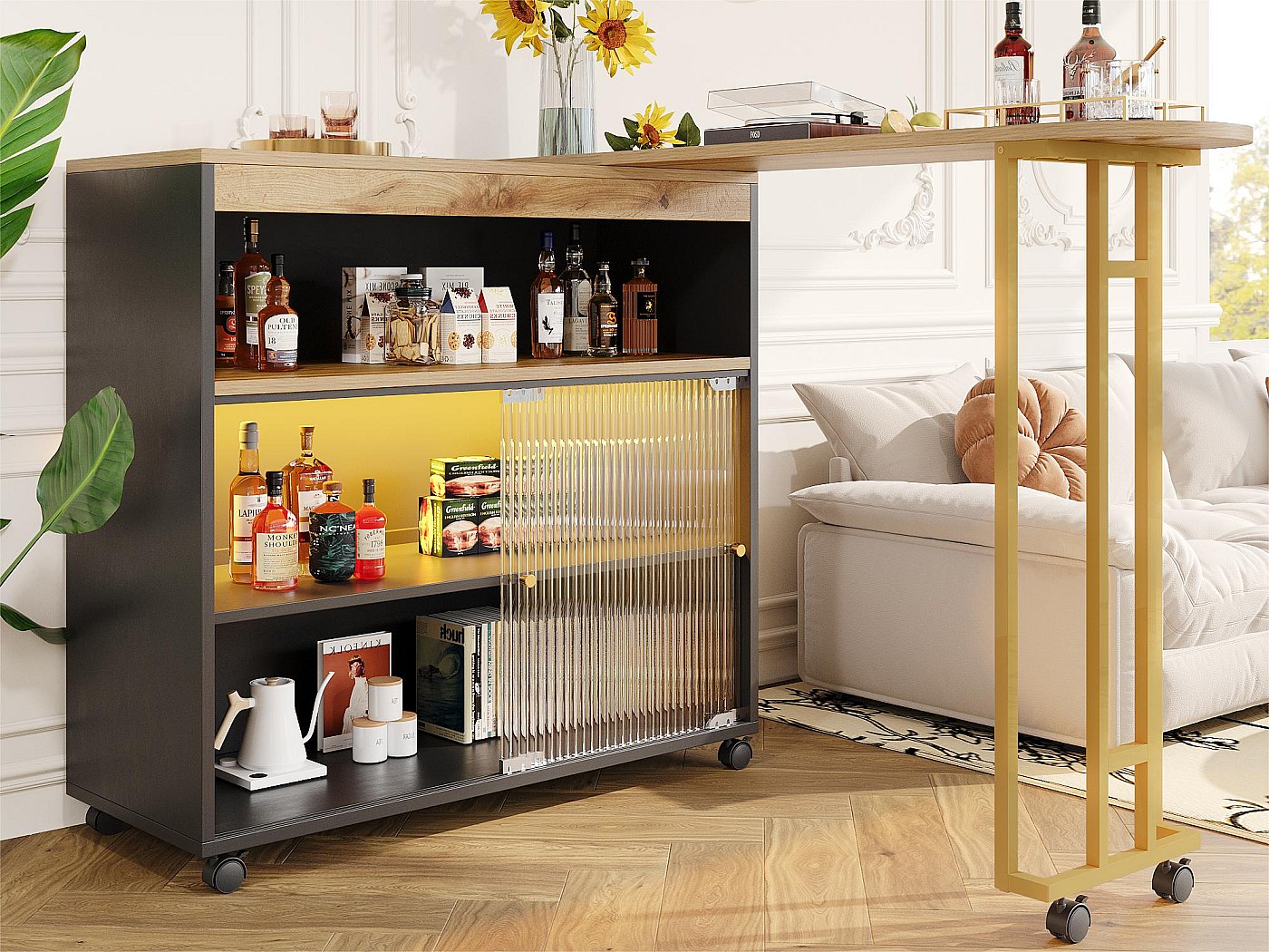 Buffet、Meuble de bar pivotant et escamotable avec LED - compartiments ...