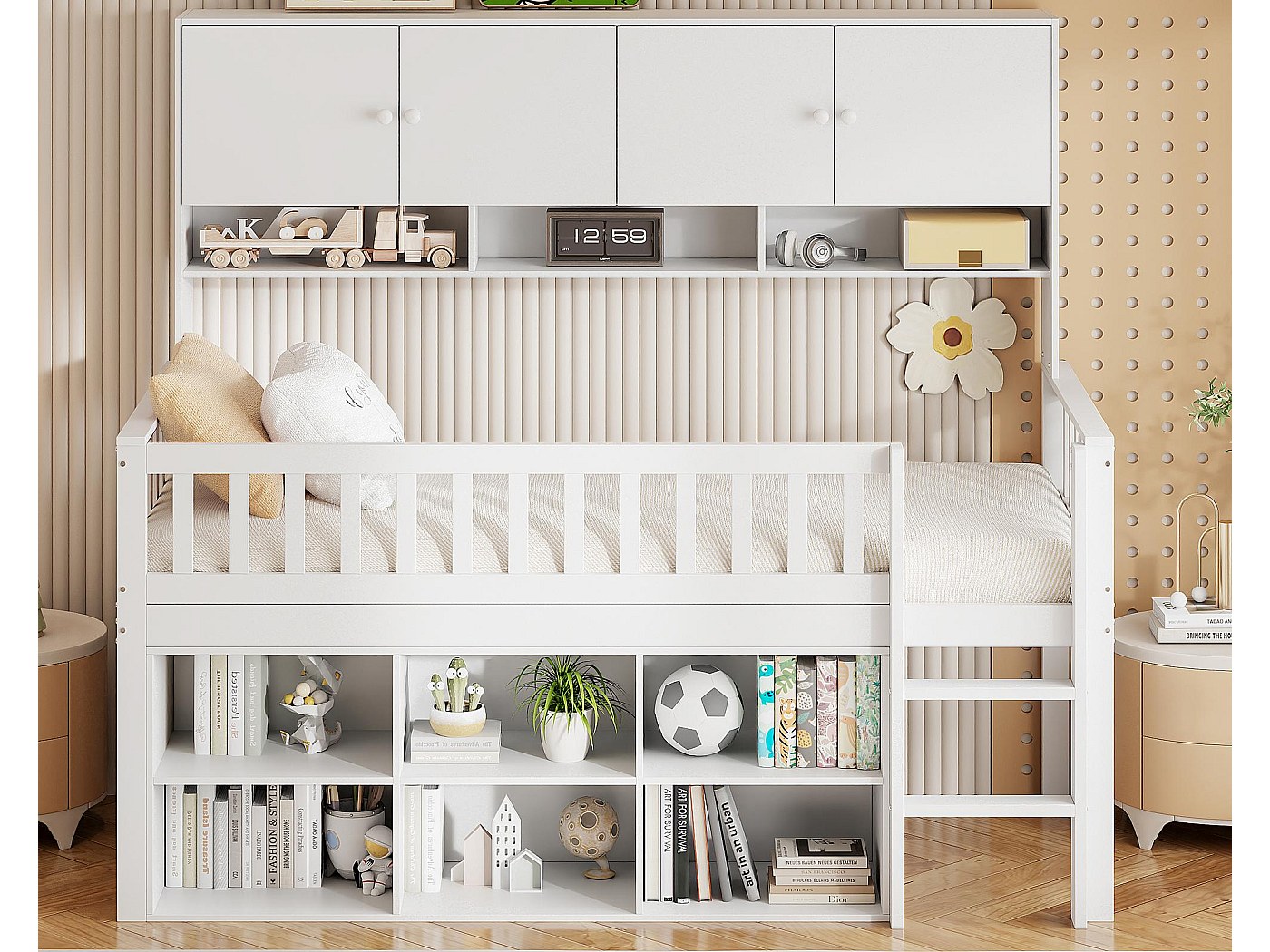 Kinderbett aus Holz 90x200cm - mit Staufächern - Weiß