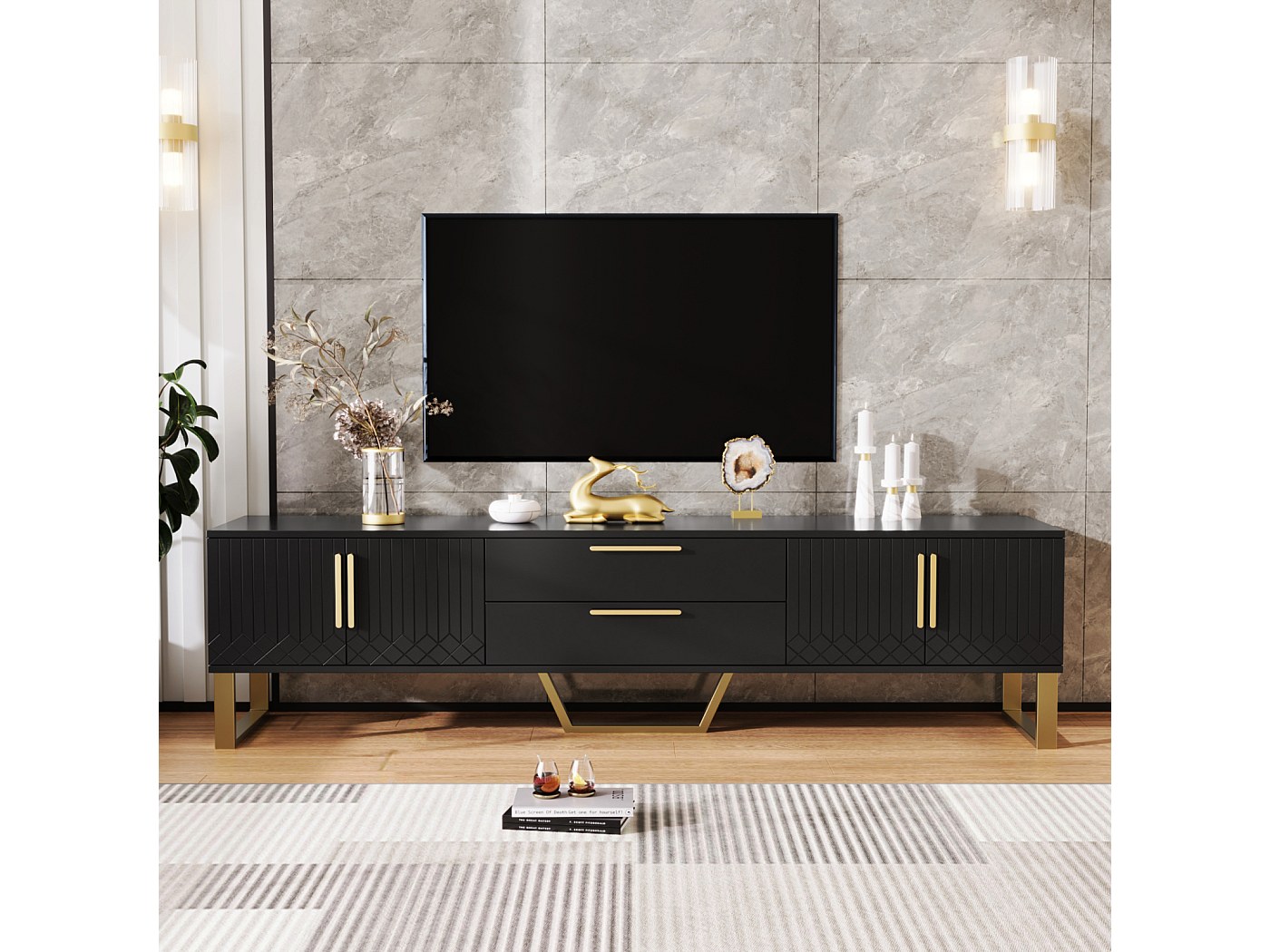 Móvel TV 170x40x53cm, em MDF, com 4 portas com textura gravada, 2 ...