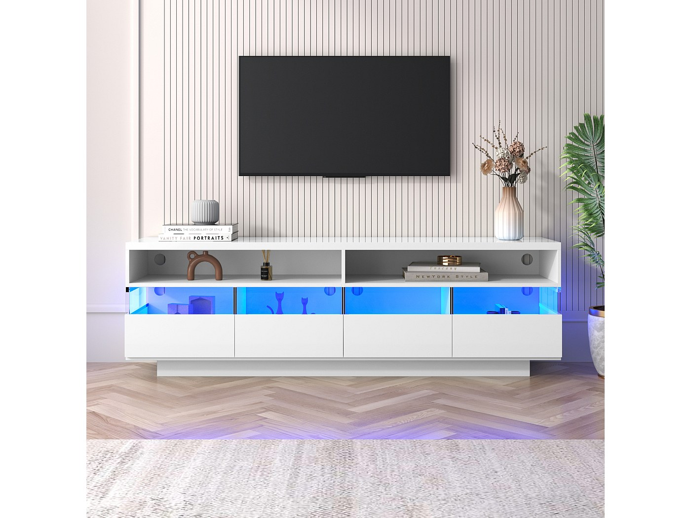 Mueble TV 173cm, con iluminación LED, nichos, 4 cajones, acabado lacado ...