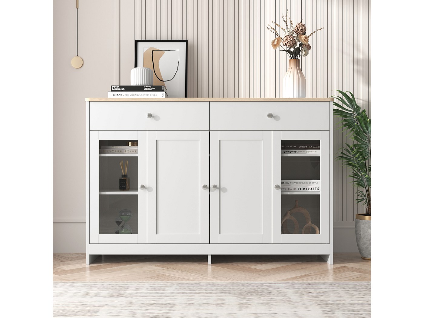 Buffet en bois blanc veiné 120 Lx37 Bx80H(cm) - Buffet avec 4portes ...