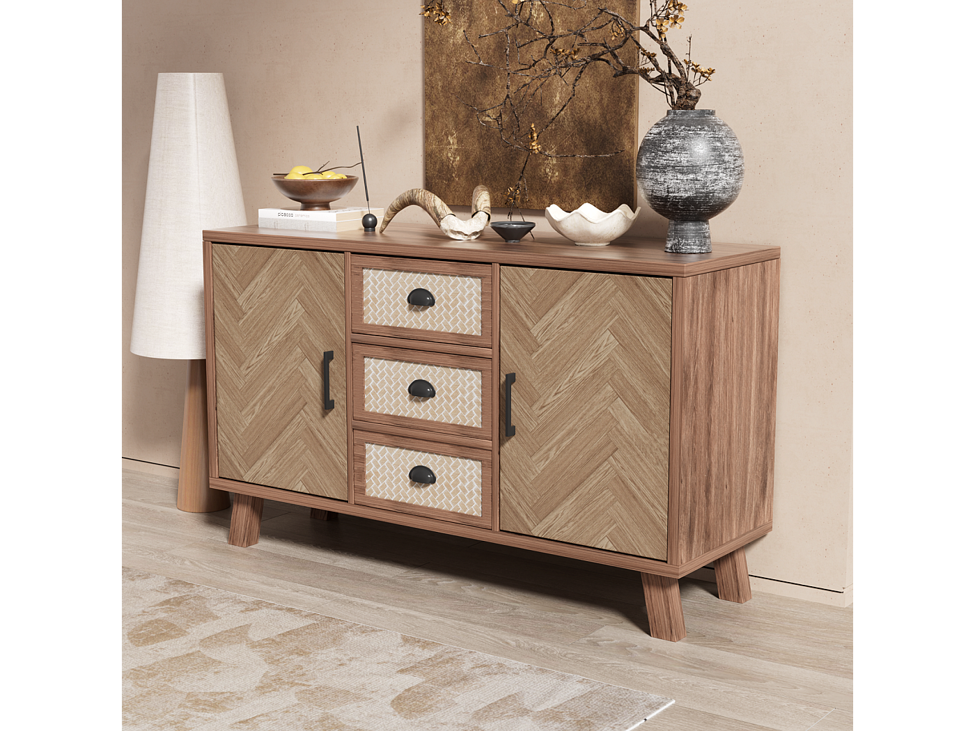 Buffet 120x40x80cm, buffet à chevrons avec 2 portes et 3 tiroirs, pieds ...