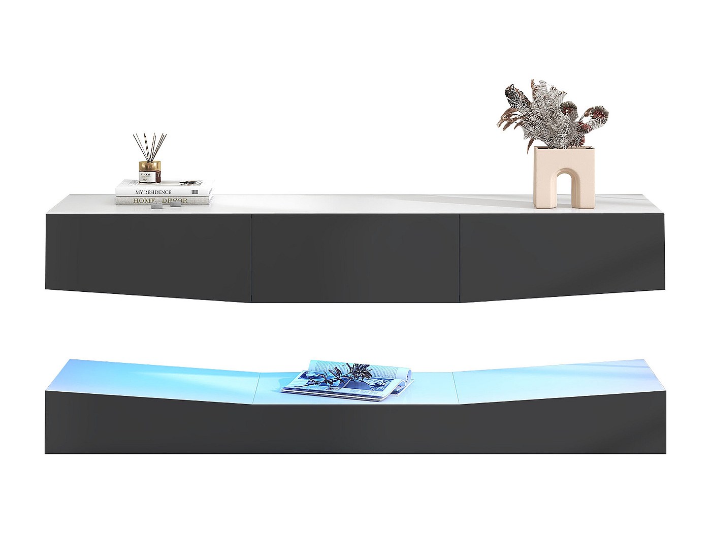 Meuble TV suspendu avec 3 portes - LEDs - plateaux en motif marbre ...