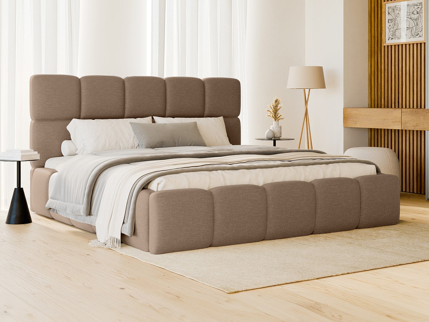 Lit coffre 180 x 200 cm en tissu chiné taupe + matelas - DAMADO de ...