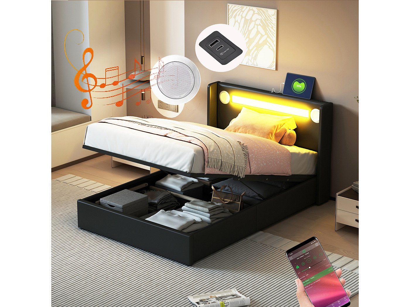Cama de armazenamento 90x200cm - Cama de solteiro com base de ripas ...
