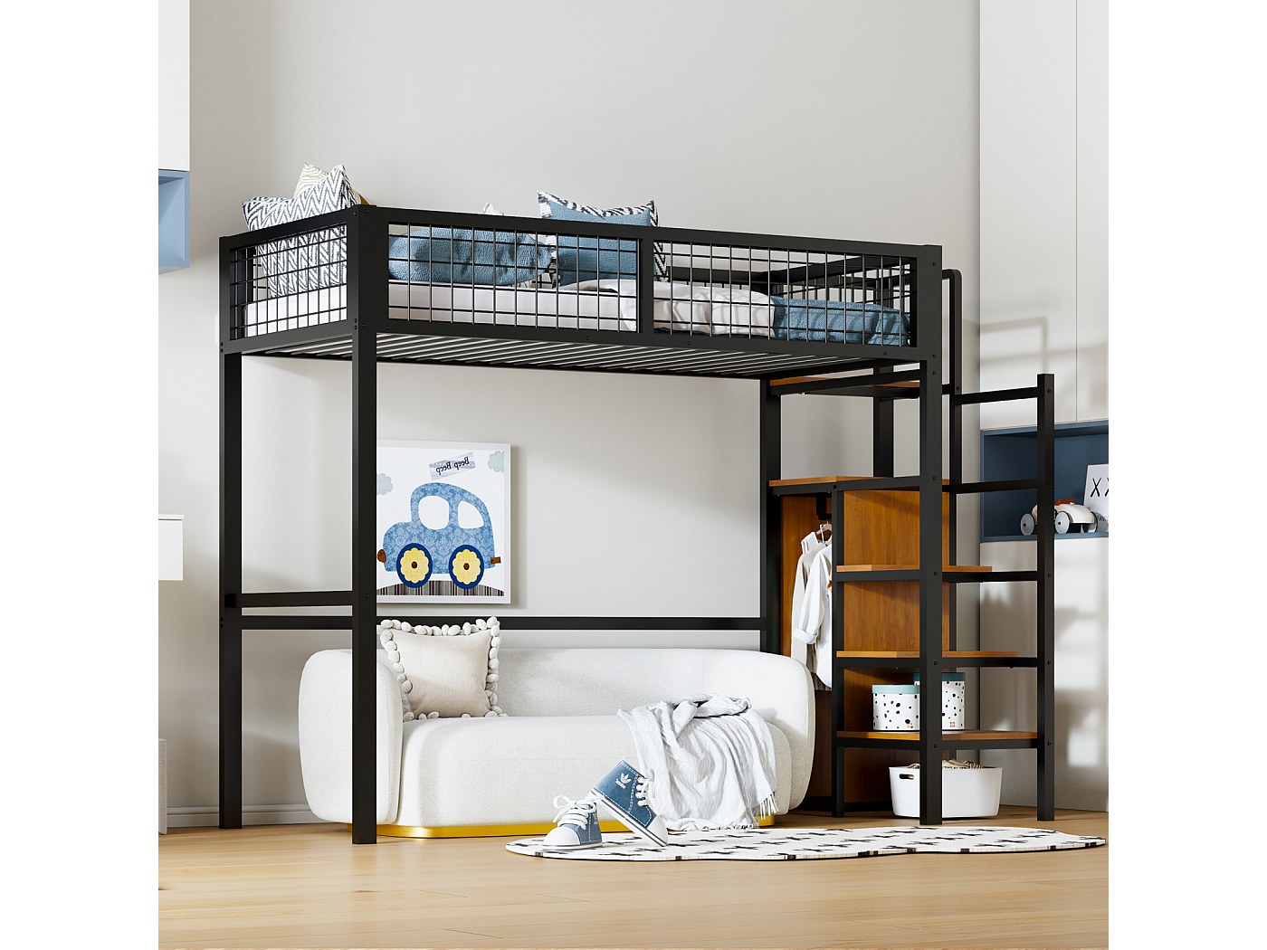 Letto a soppalco 90x200 cm, letto per bambini con scale, ripiani ...