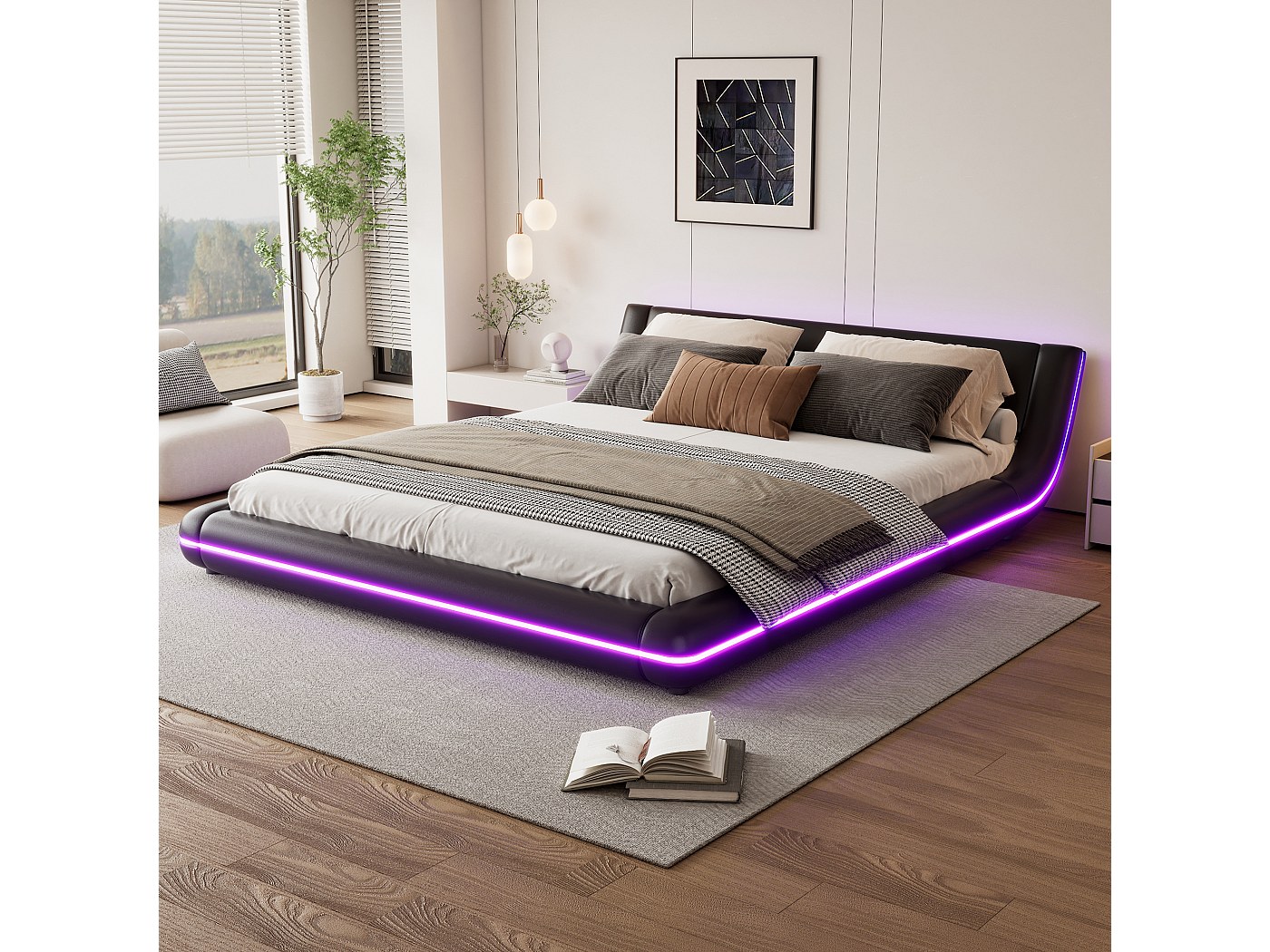 Plat bed 160 x 200 cm met hoofdeinde - bekleed met PU-leer - LED's ...