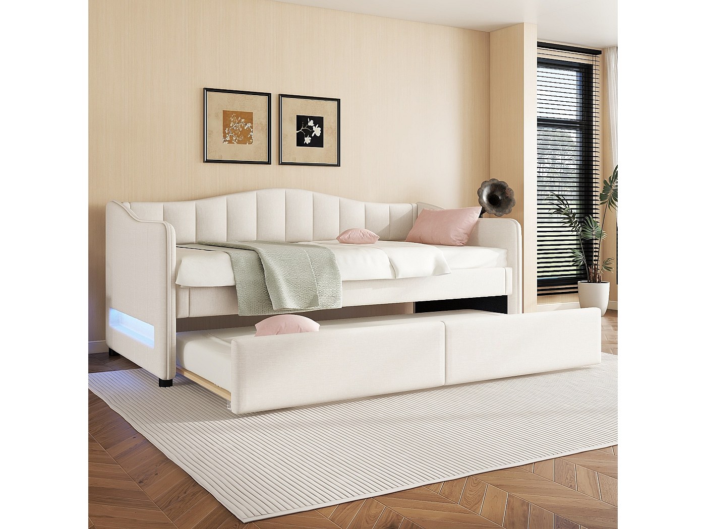 Lit gigogne 90/180 x 200 cm avec 2 tiroirs - tissu en lin - LEDs - beige (sans matelas)