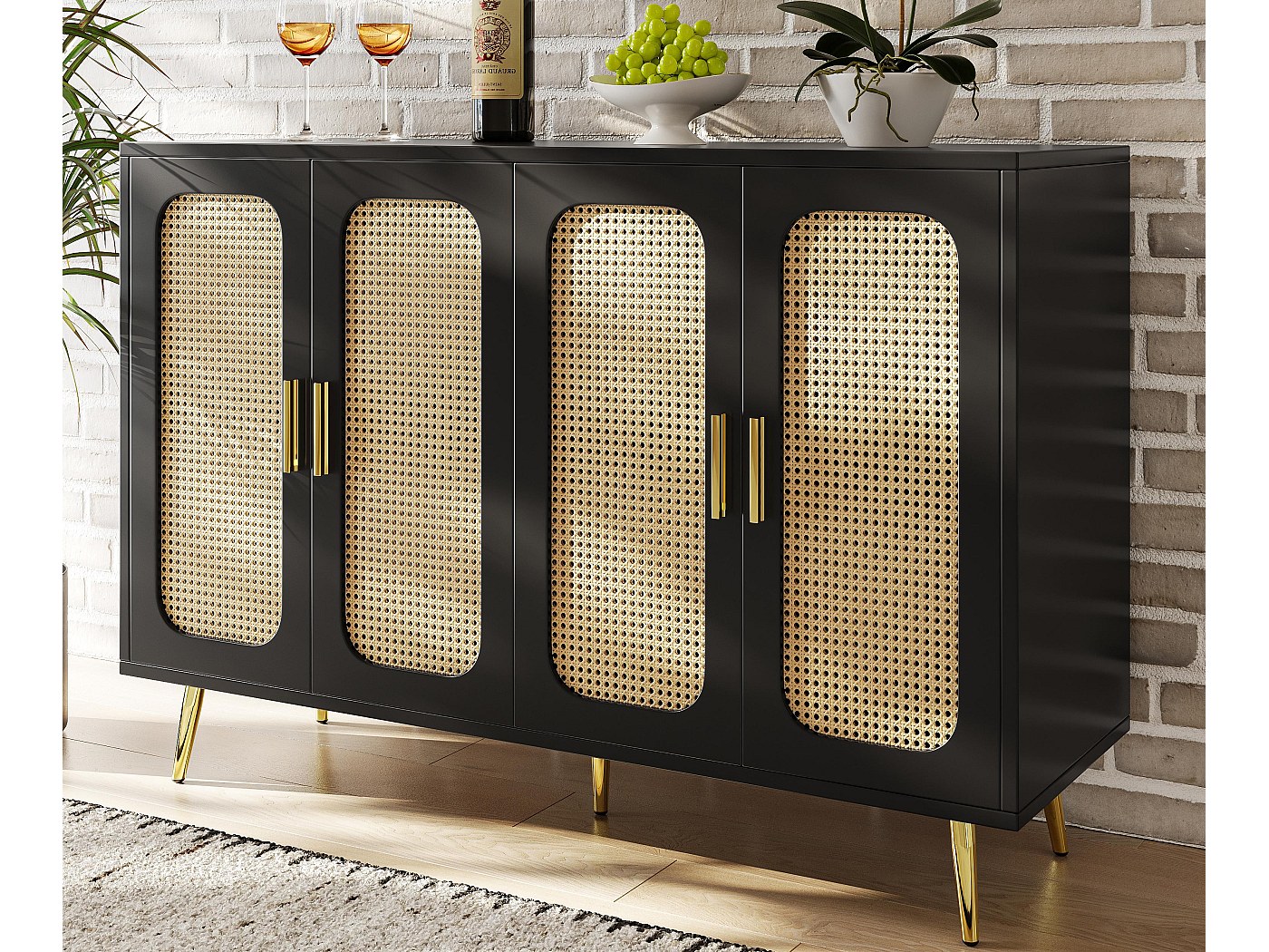 Buffet moderne - en MDF - 4 portes en rotin - Noir