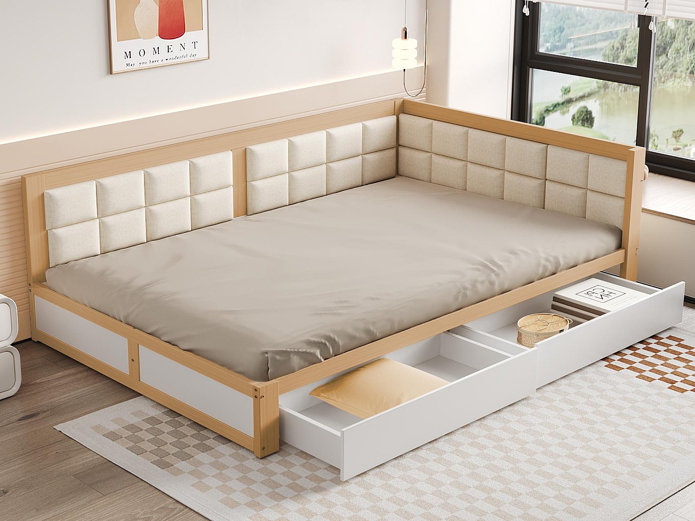 Lit banquette rembourré 140x200cm - avec 2 tiroirs et sommier à lattes ...