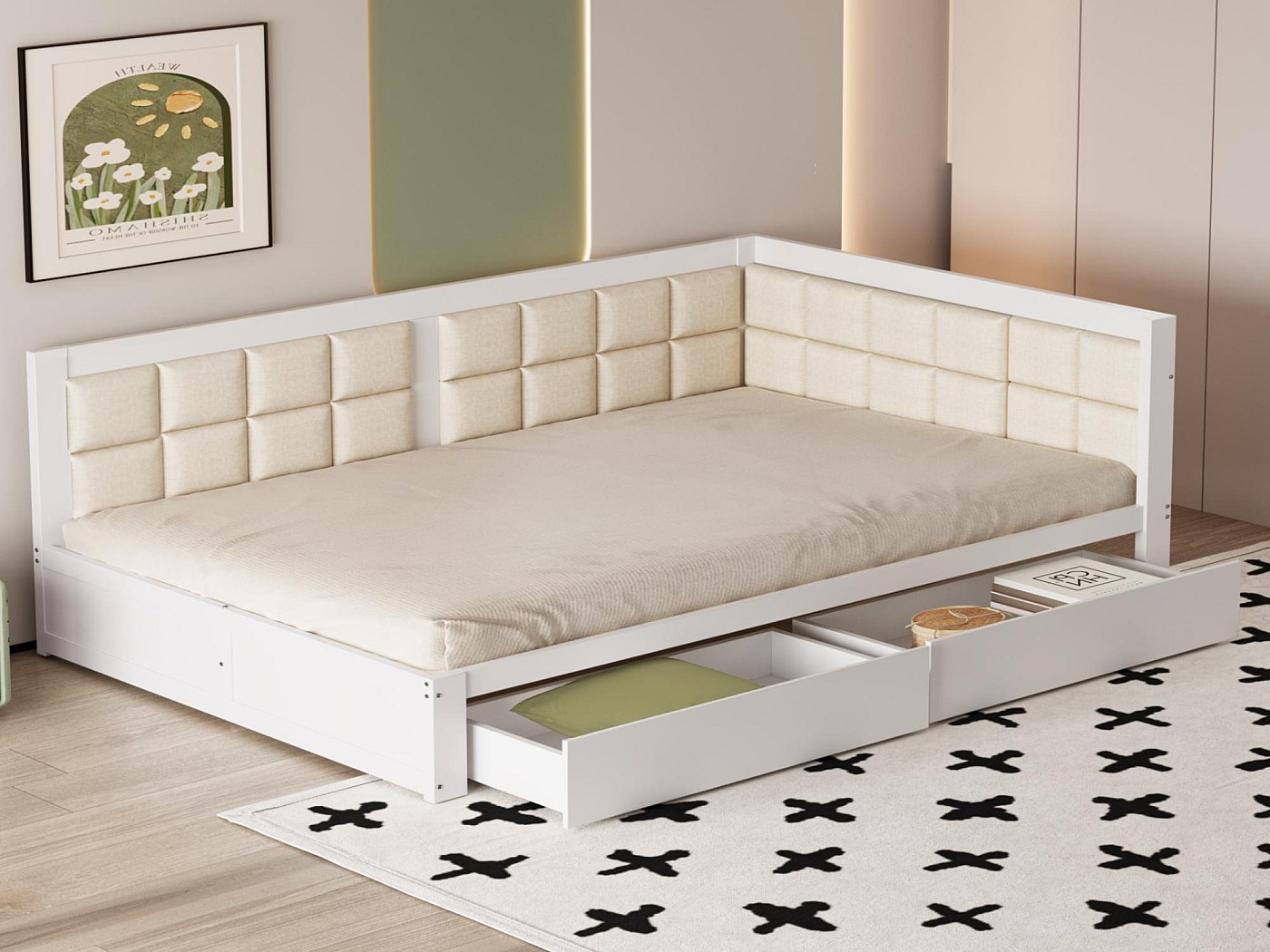 Lit banquette rembourré 140x200cm - avec 2 tiroirs et sommier à lattes ...