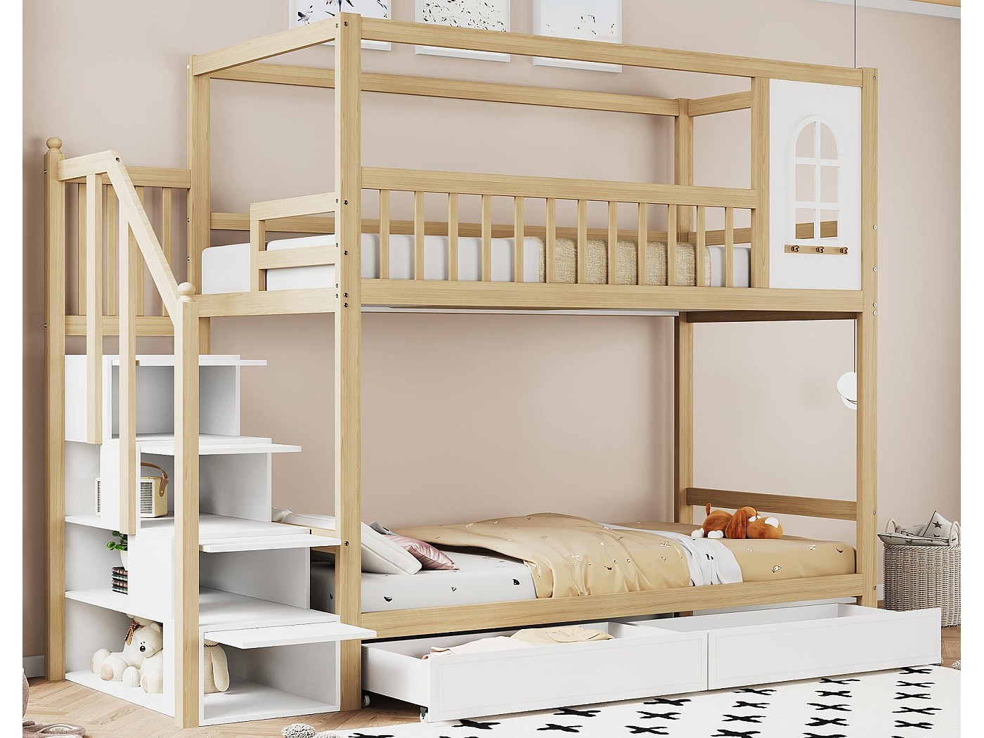 Letto a castello 90x200 cm in legno massello - 2 cassetti e scala ...