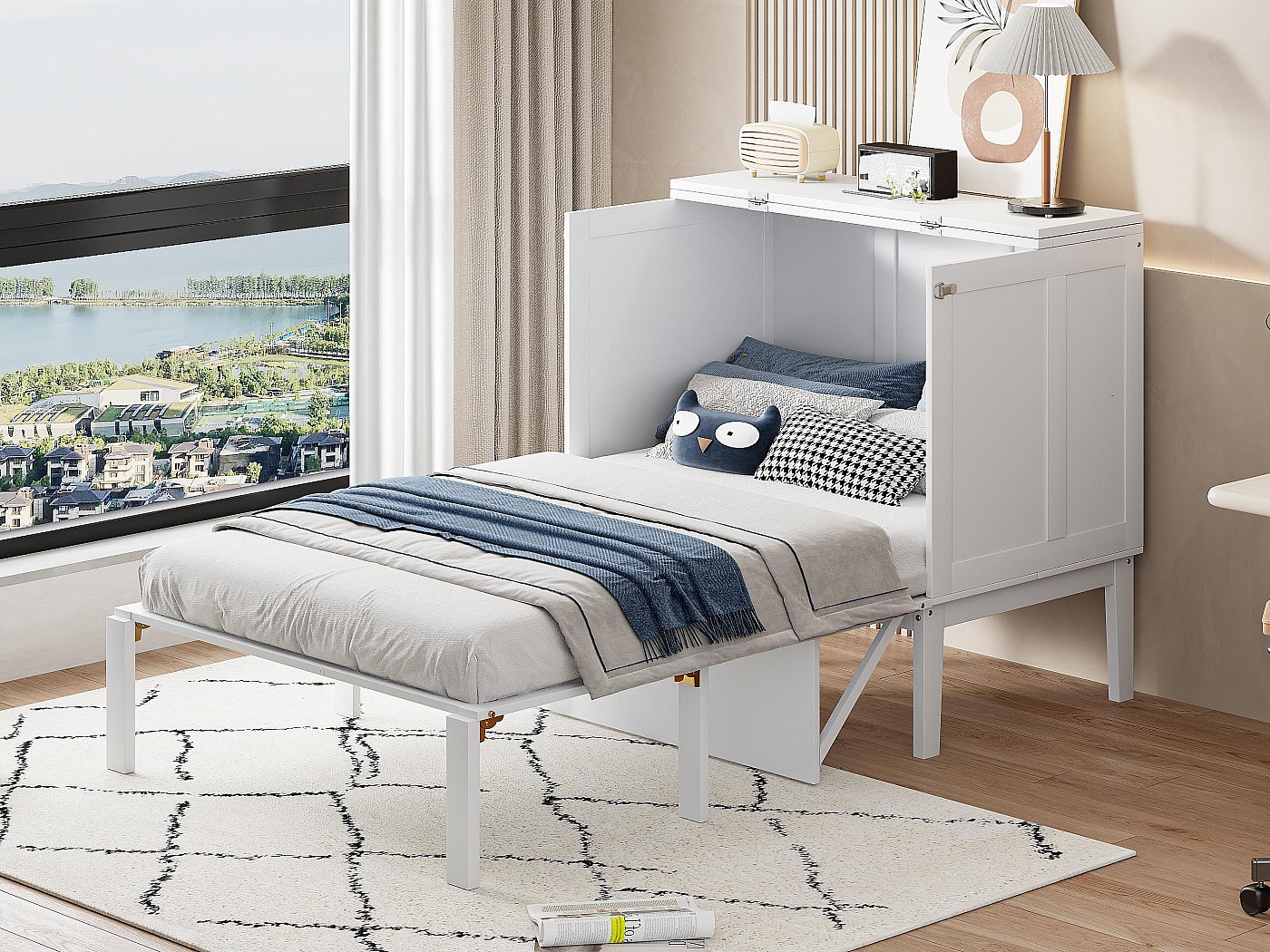 Cama dobrável em madeira 90x200 cm - com base de ripas - Branca