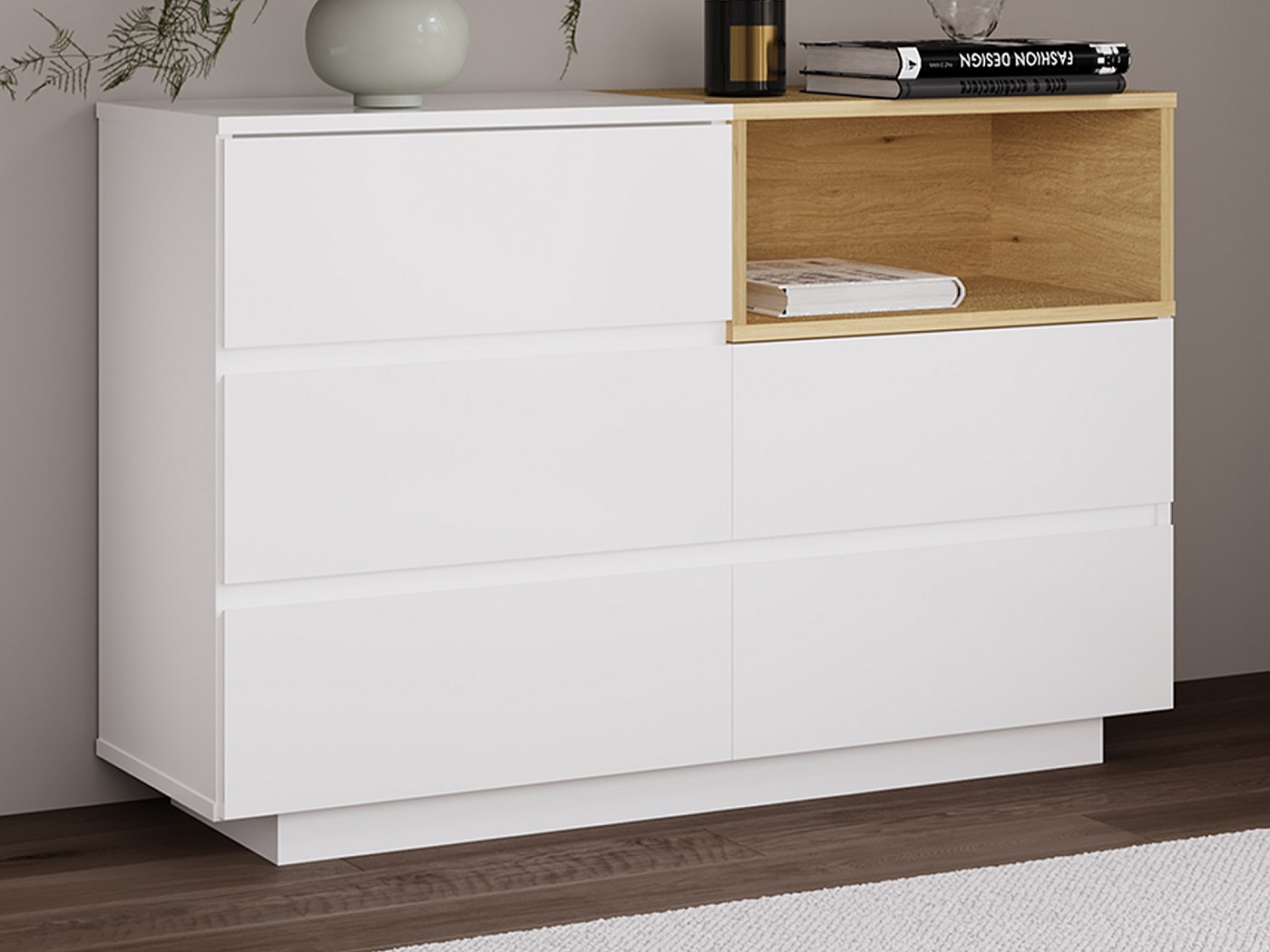 Commode 5 tiroirs 1 niche coloris blanc et naturel - VYLARA