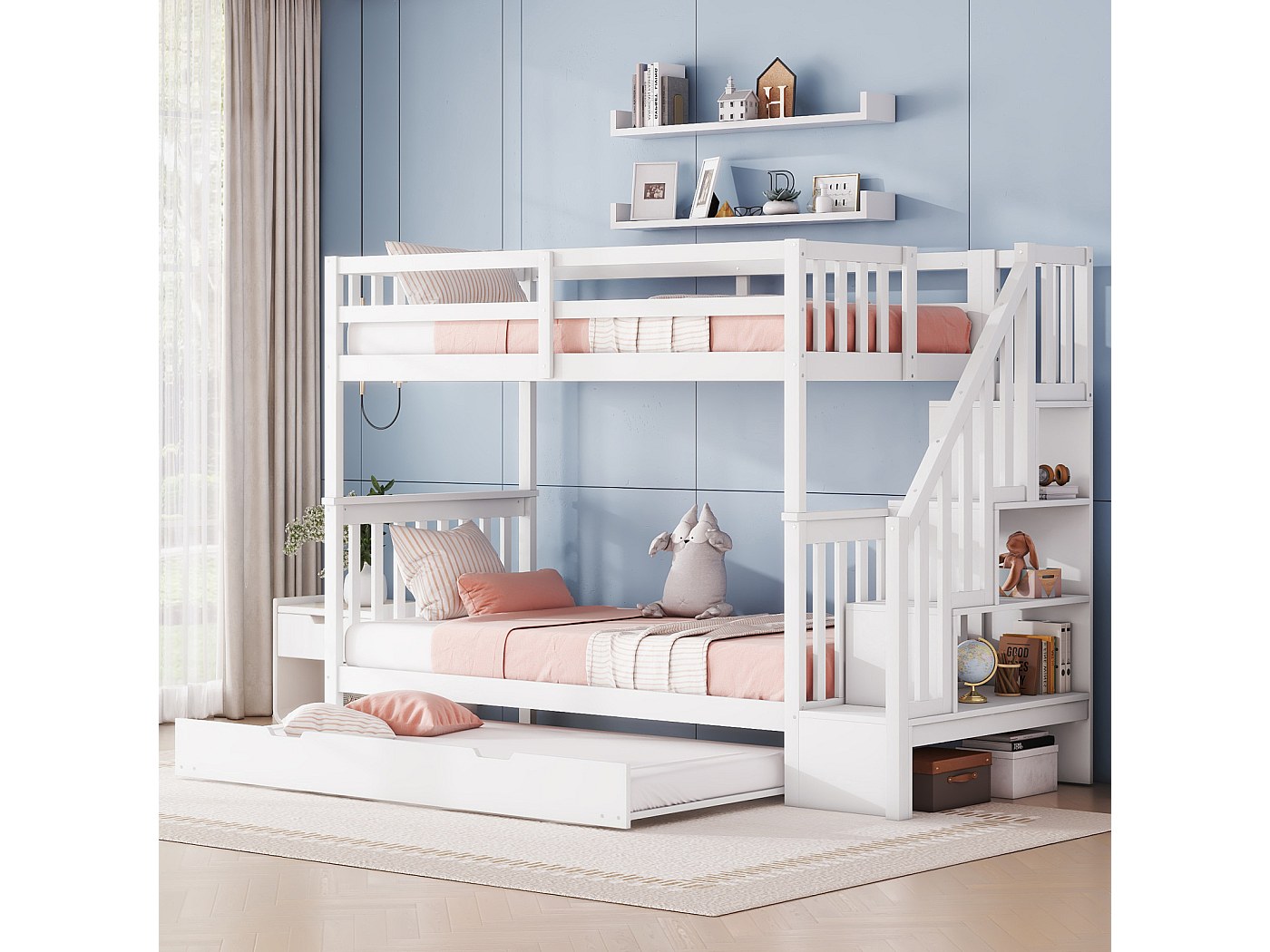 Letto a castello, lettino per bambini con ripiano per scale, sponde ...