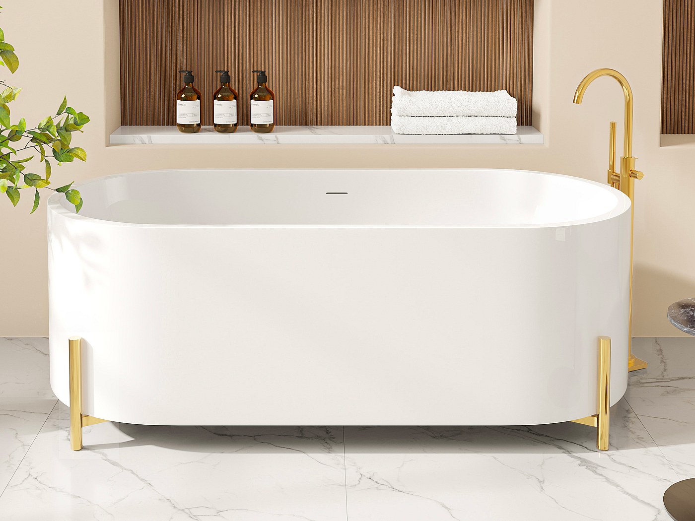 Freistehende Badewanne oval goldfarbenen Füßen Weiß 160x735x59 cm ...