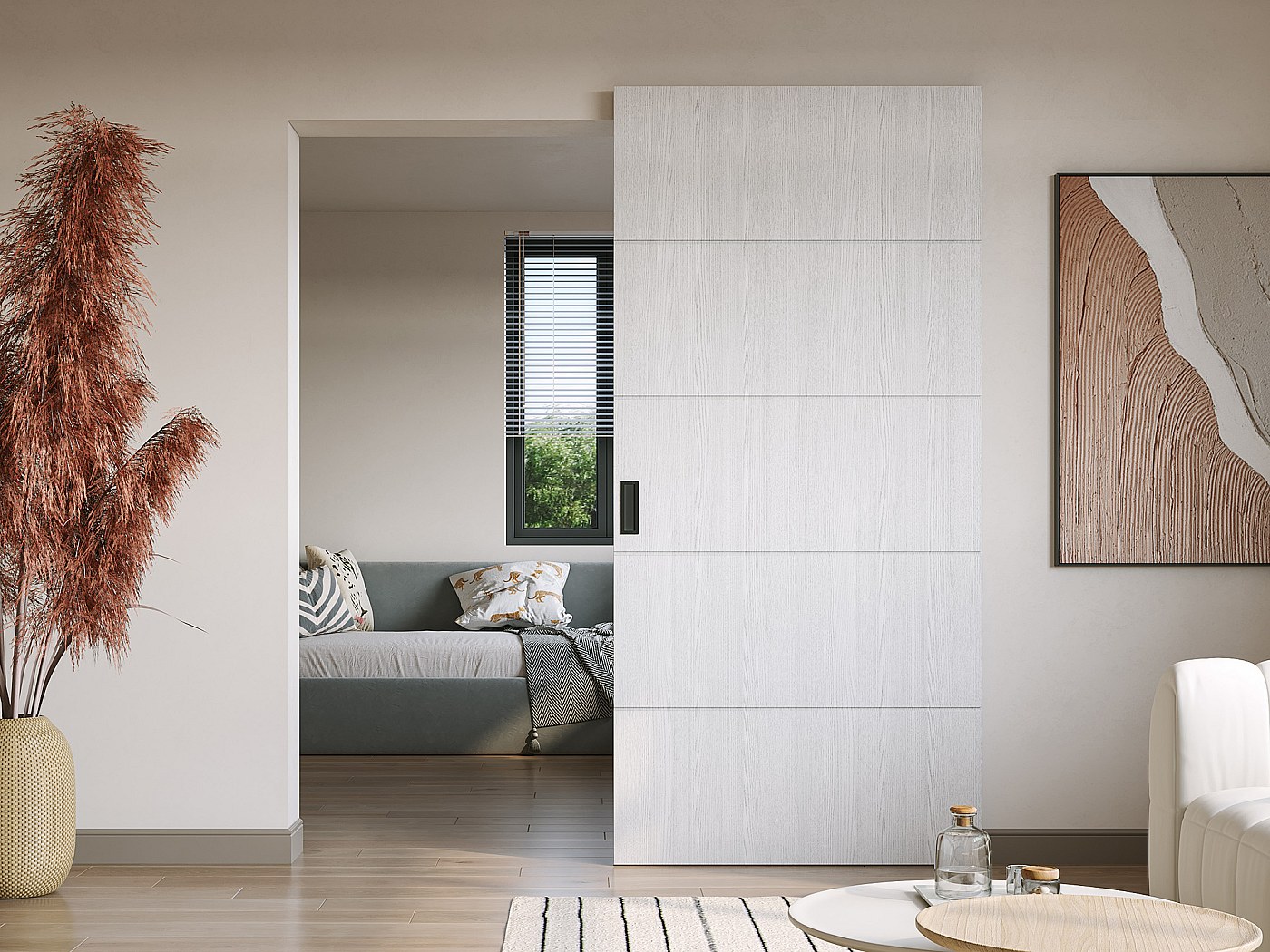 Puerta corredera invisible de madera y MDF - 93 x 210 cm - blanco - SOMIRI