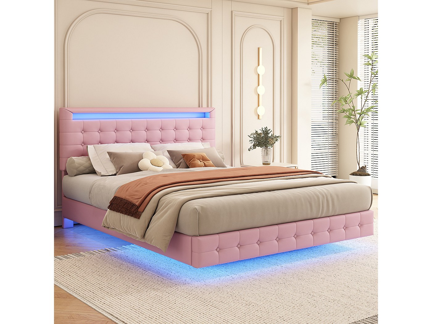 Lit double 140x200cm, lit adulte LED avec sommer à lattes et tête de ...