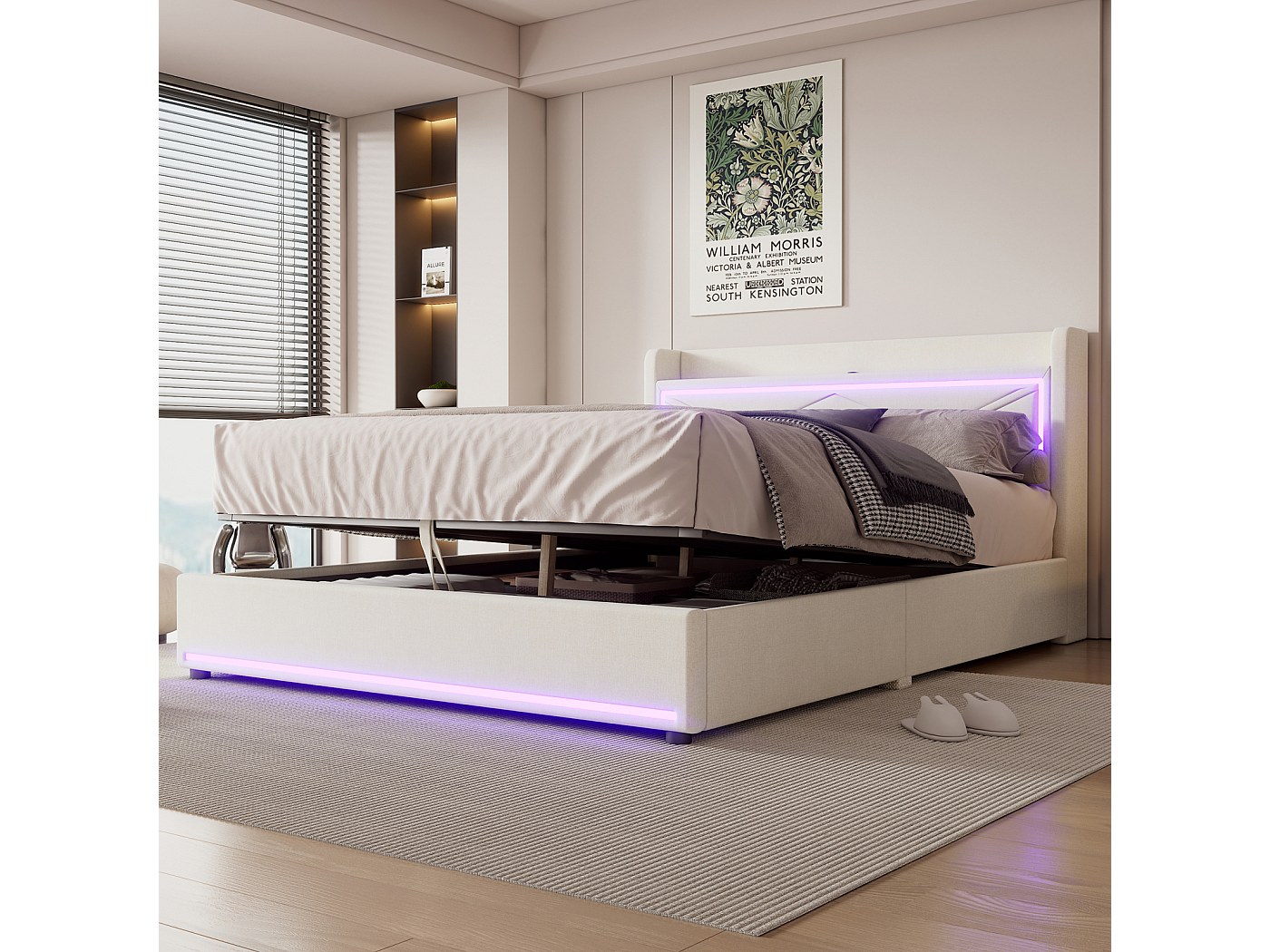 Cama estofada com arrumação com LED, base de ripas e cabeceira com ...