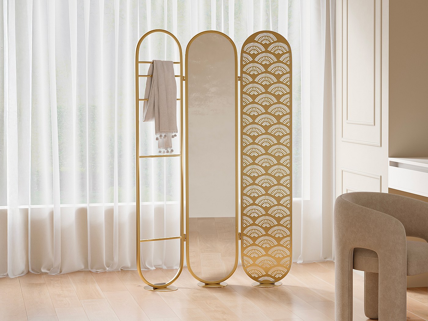 Parawan z lustrem metalowy w stylu art deco, 3-skrzydłowy, szer. 117 x ...