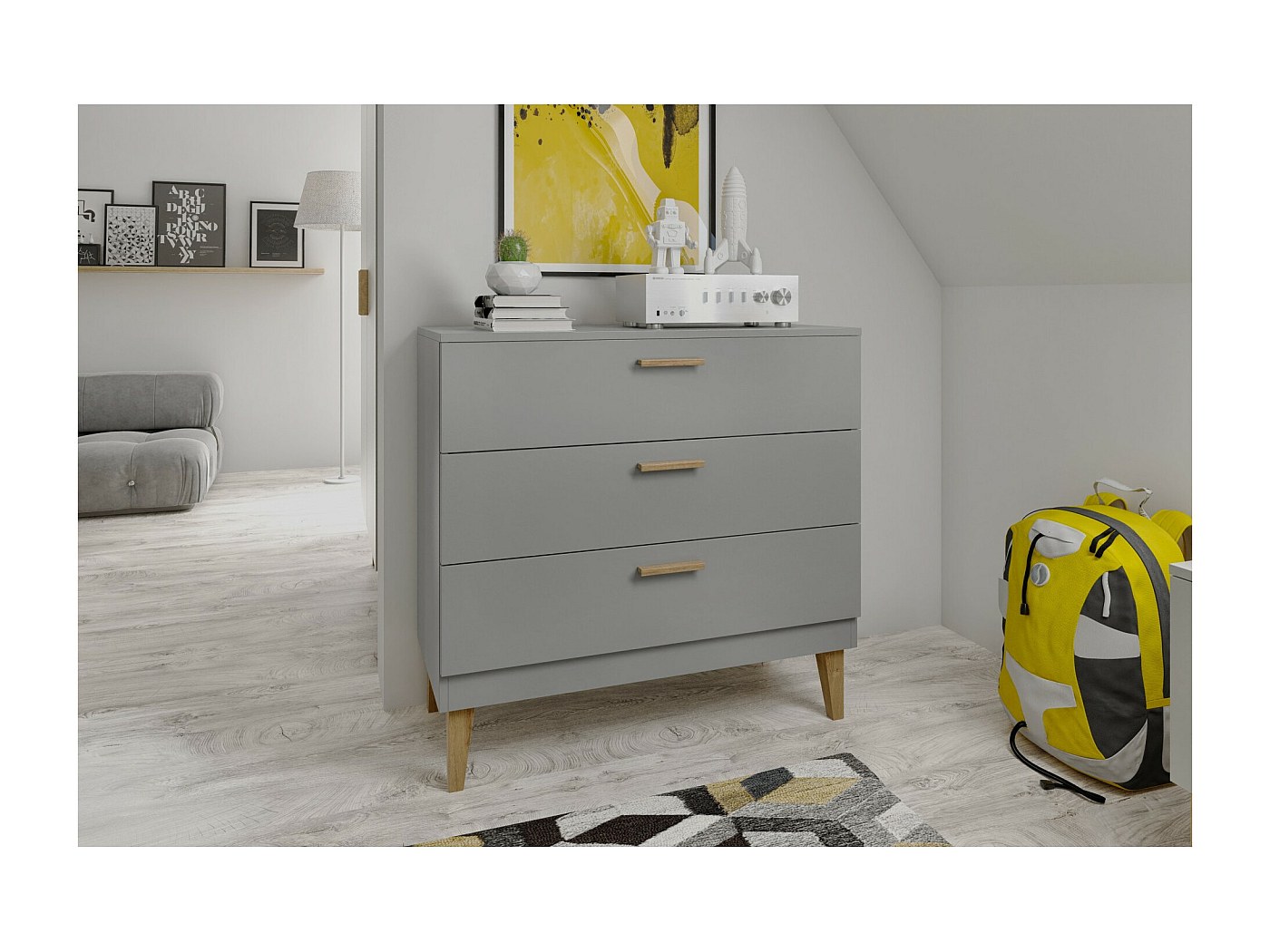 Commode grise et pieds en bois de chêne Blanka