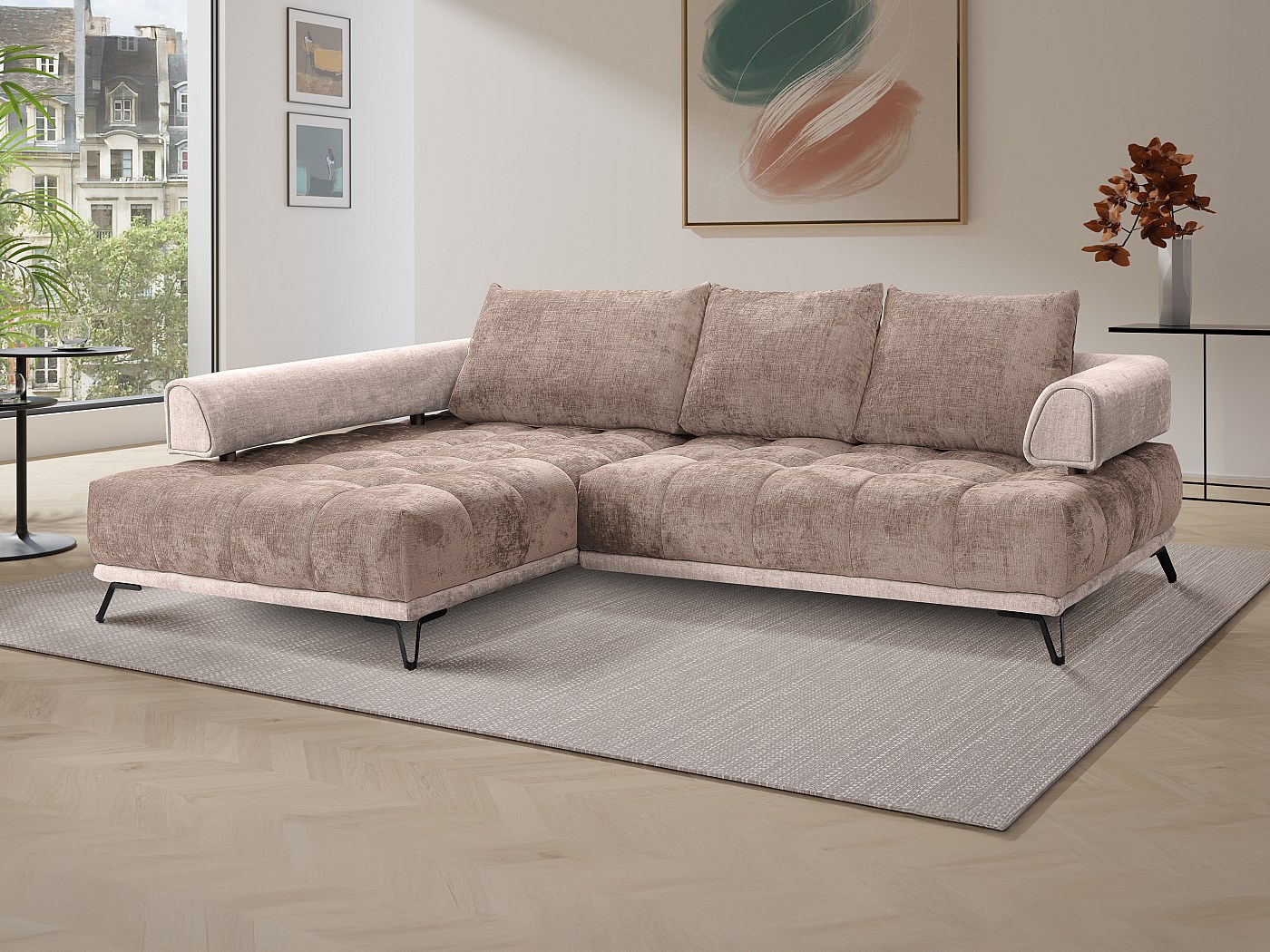 Sofá rinconera izquierda de tela y terciopelo color topo NIVORIA