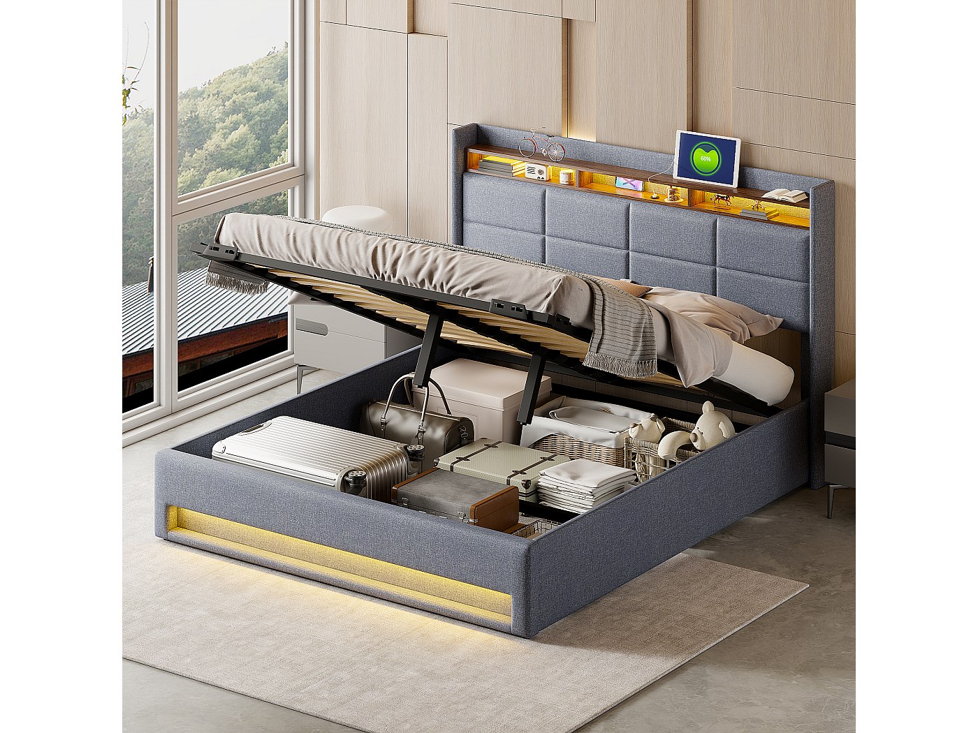 Lit coffre 160x200cm - lit double rembourré LED avec sommier à lattes ...