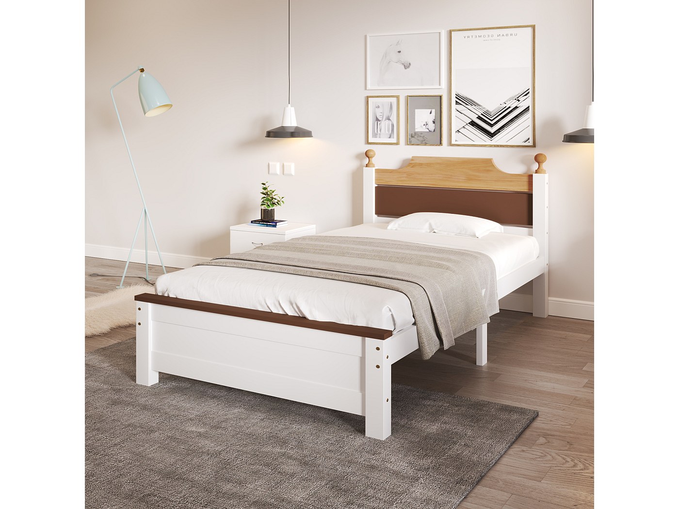 Letto singolo in legno - strutture in pino con testiera color block e ...