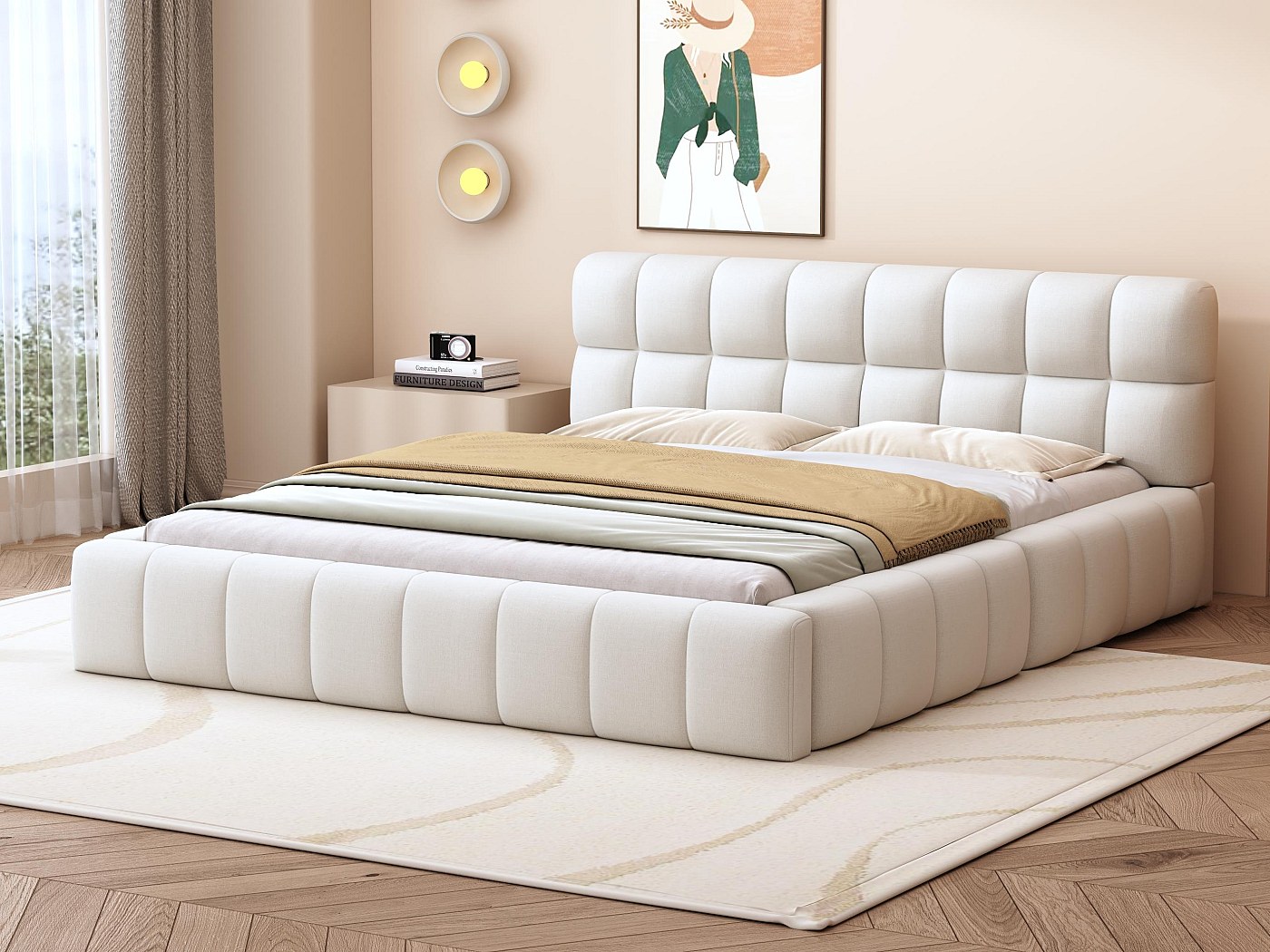 Cama de casal estofada em tecido de linho 140x200cm - com costas ...