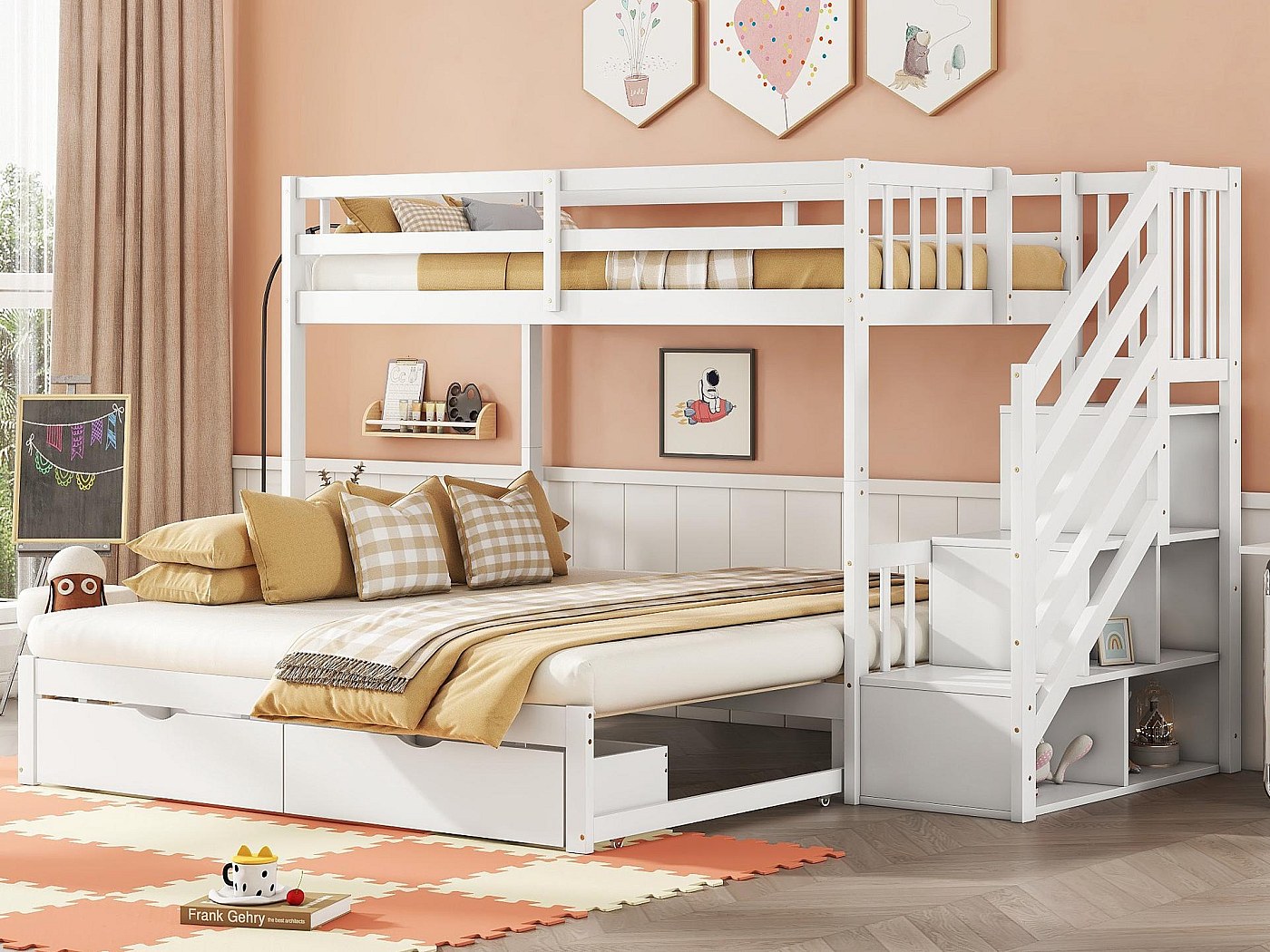 Beliche em madeira - 90x200cm + 90/180x200cm - 2 gavetas e prateleiras ...