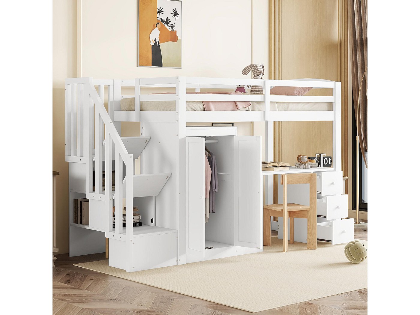 Letto a soppalco 90 x 200 cm con armadio, scrivania, cassettiera e spazio per appendere - legno ...