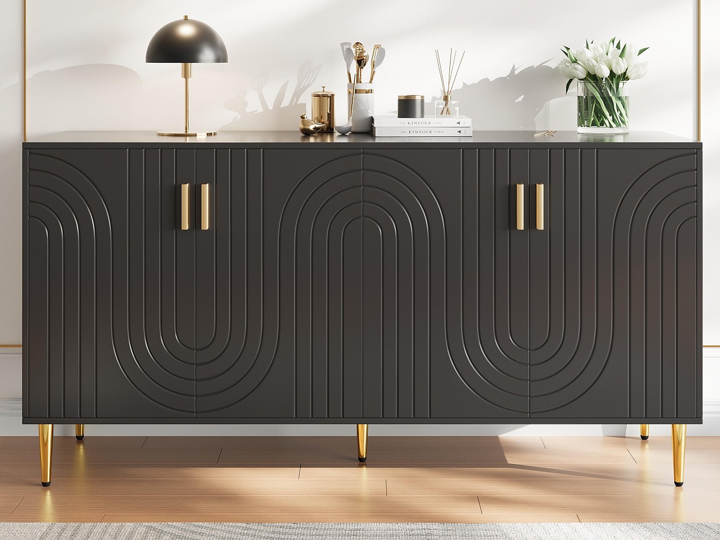 Nowoczesny bufet - 4 drzwi z falistym wzorem - z MDF - Czarny