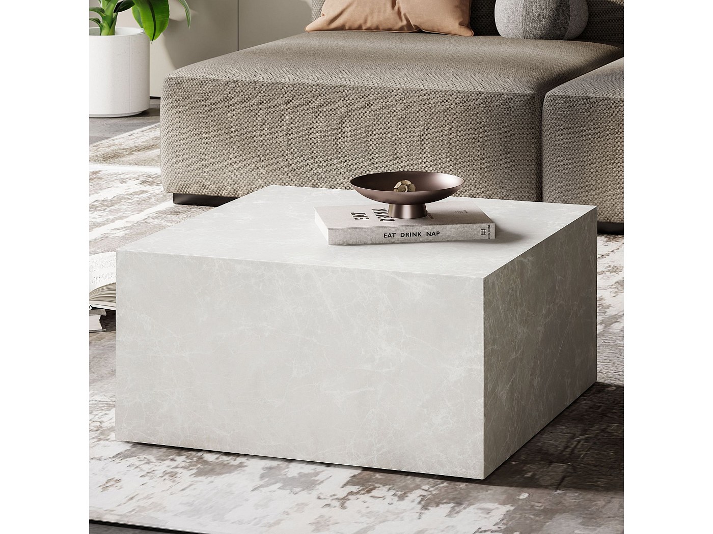 Table Basse MONOBLOC Aspect Pierre Sable Table de Salon Moderne Cube