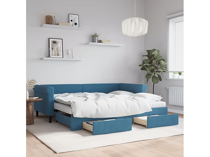 Sofá-cama com gavetão e gavetas 90x200 cm veludo azul