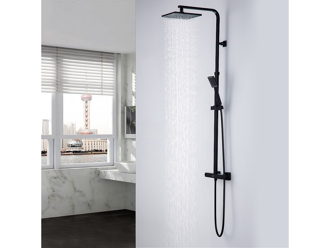 Columna de DOuche Termostático Negro Conjunto Ducha Mezclador de Latón ...