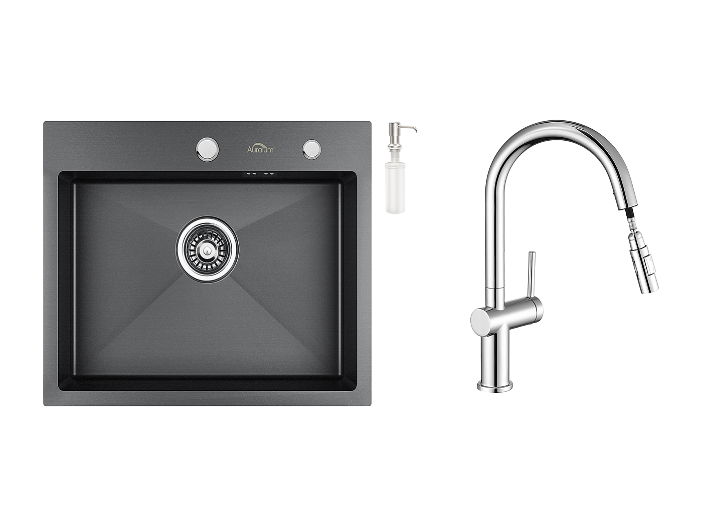 Aanrecht Keuken 1 Bak 55*45CM Zwart+trekbare keukenkraan met twee ...