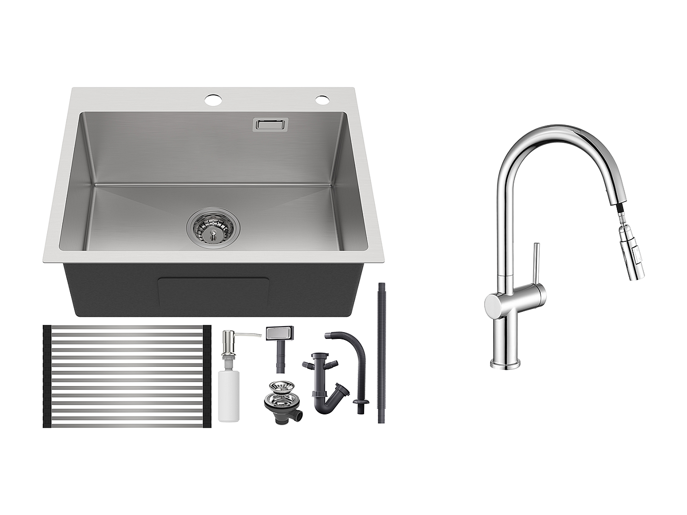 Geborstelde gootsteen 1 bak, 58*45*18CM, oprolbare afdruiprek ...