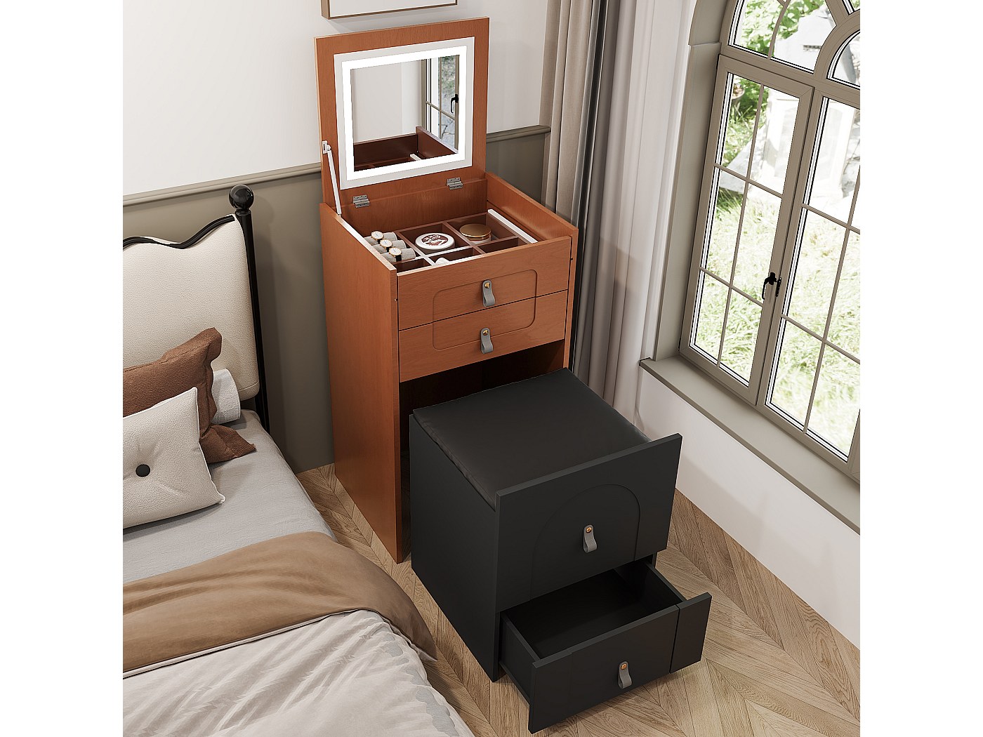 Coiffeuse avec 3 tiroirs, plateau pliable et 1 tabouret - 50 x 40 x 115 ...