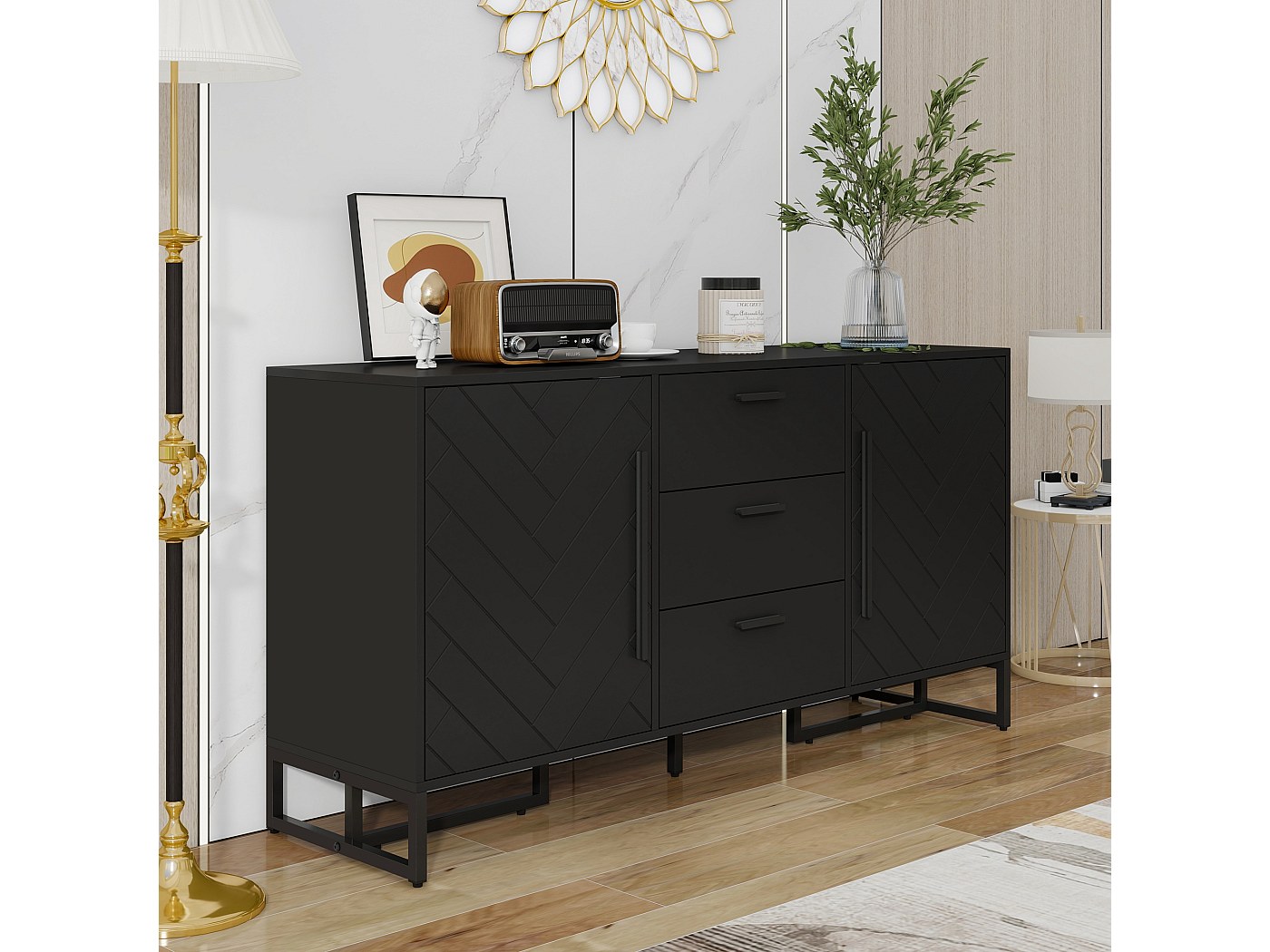 Modern dressoir met 2 deuren en 3 lades - 145 x 40 x 75 cm - MDF - voor ...