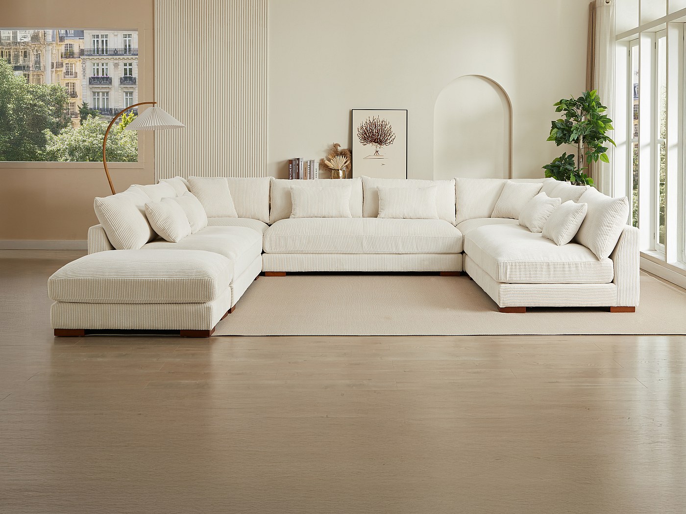 Grote hoekbank en poef van beige ribfluweel SPERONE van Pascal Morabito