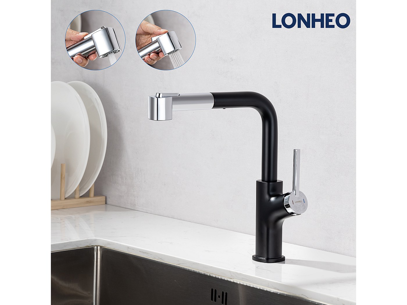 Mezclador Cocina Negro, Lonheo Max Grifo Cocina Negro con Ducha ...