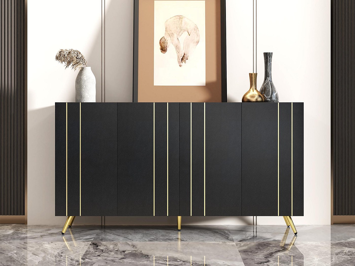 Buffet moderne - 4 portes avec étagères réglables - Noir