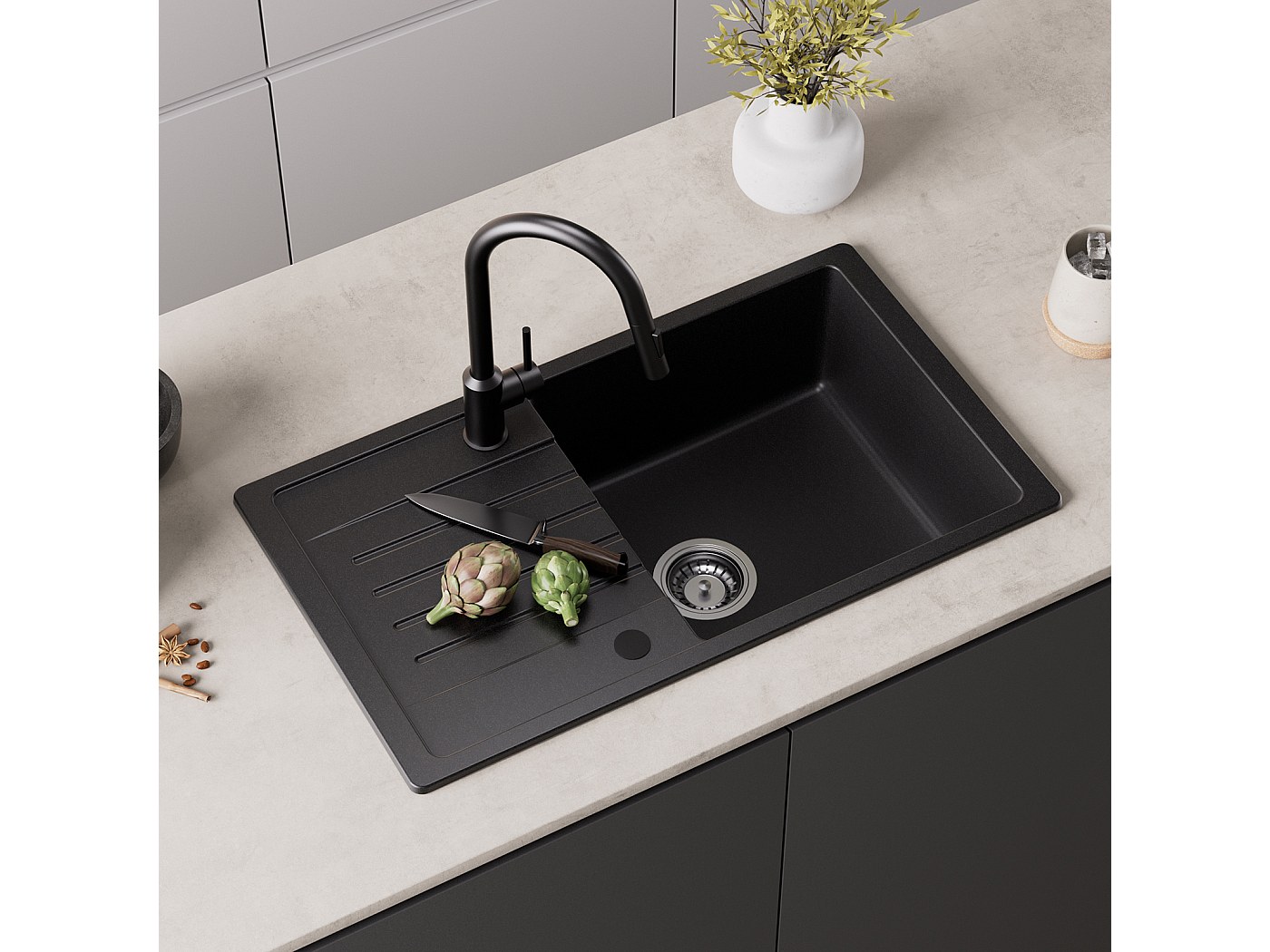 spoelbak met afdruiprek, 78x45cm spoelbak van kwarts en zwarte hars ...