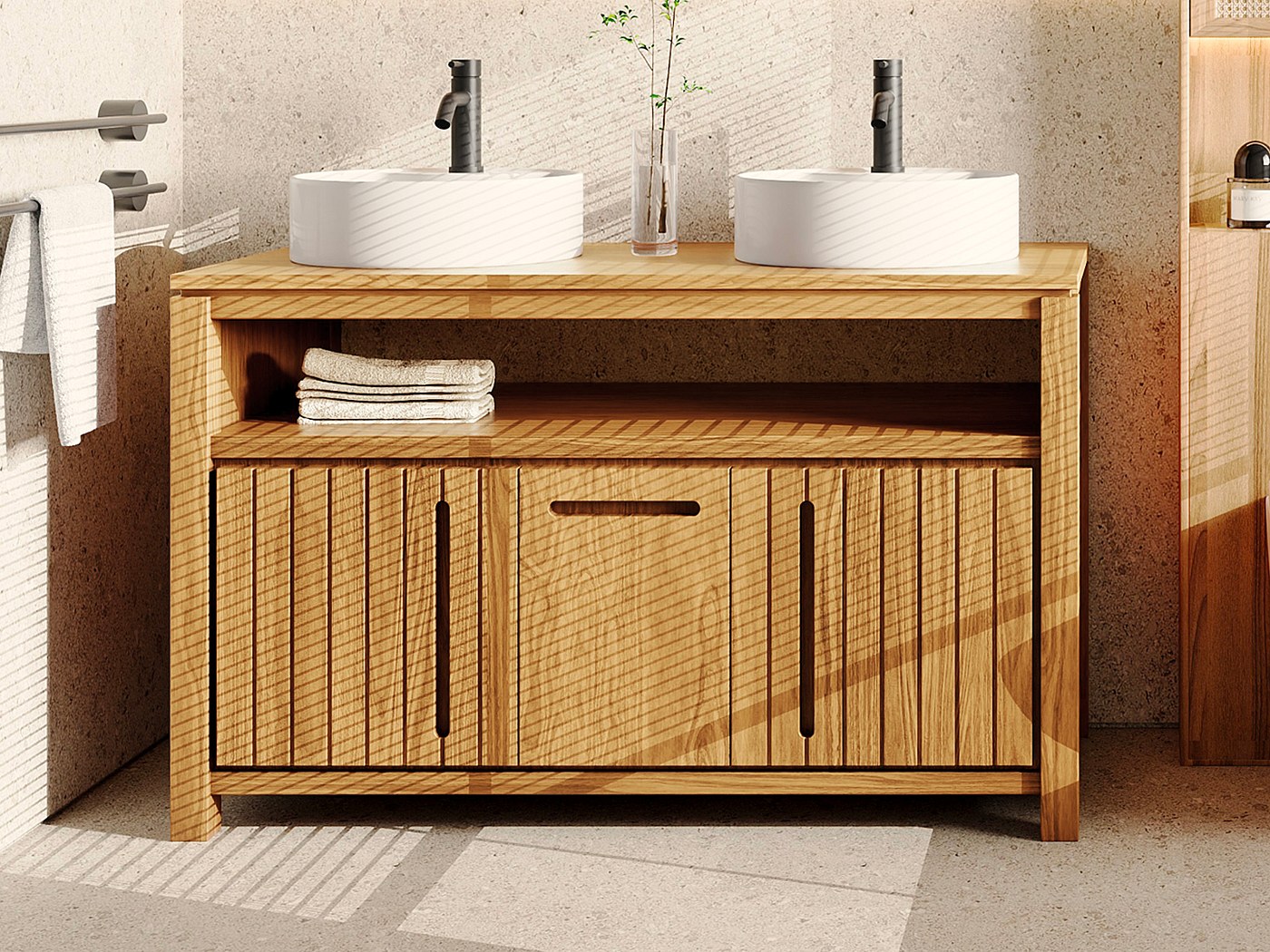 Meuble de salle de bain en teck clair à poser avec double vasque ronde ...