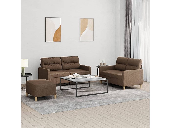 Set di Divani 3 pz con Cuscini Marrone in Tessuto