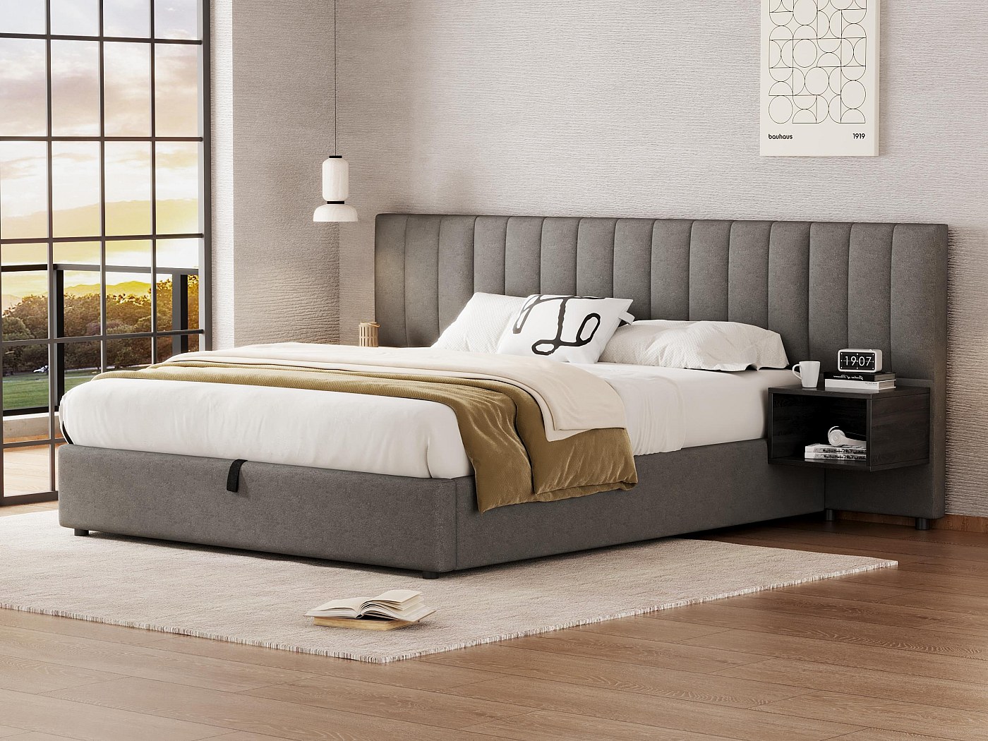 Lit coffre 160x200cm en tissu lin - avec 2 tables de chavet et sommier ...