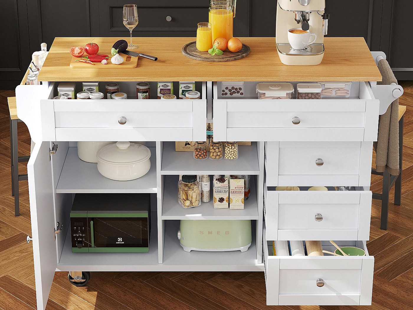 Credenza, mobile bar, carrello su ruote - 5 cassetti e 5 scomparti ...