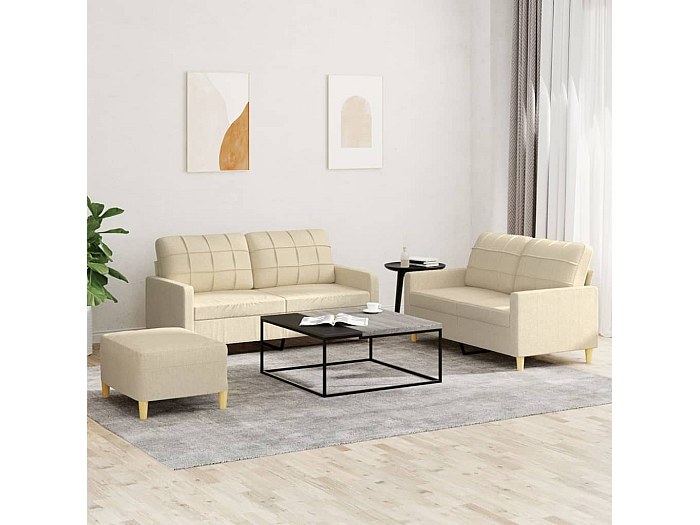 Set di Divani 3 pz con Cuscini Crema in Tessuto