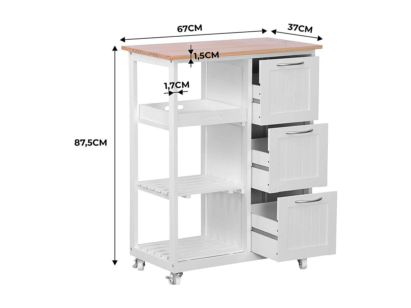Carrinho de cozinha com rodas de madeira com 3 gavetas e 3 prateleiras ...