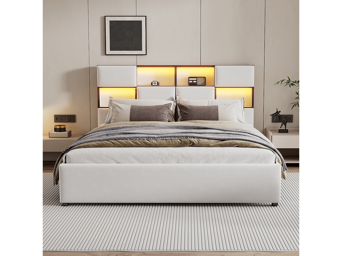 Letto adulto matrimoniale con LED ambientale, letto piano con rete a ...